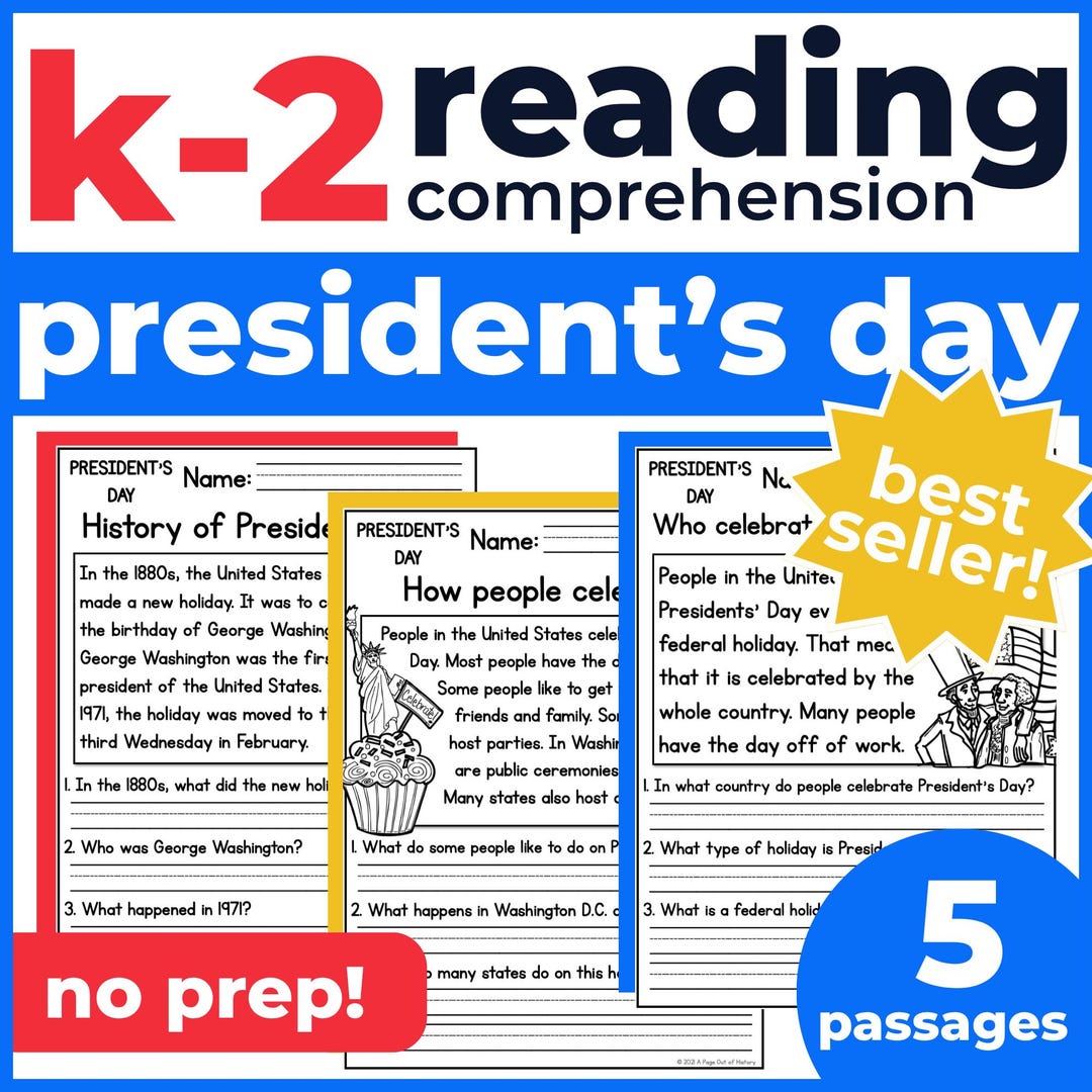 K-2 Reading Practice Worksheets, Presidents Day Passages, Questions and ...