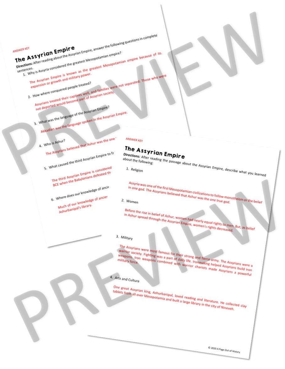 Assyrian Empire Reading Comprehension Worksheets, Social Studies ...