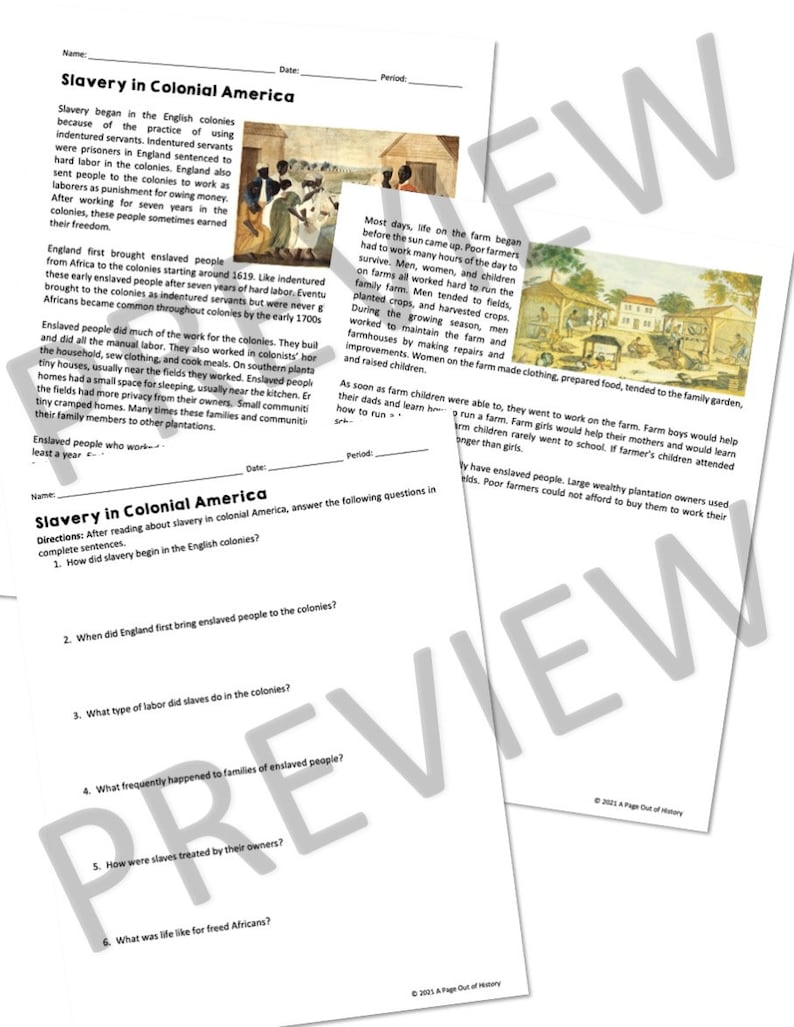 Slavery in Colonial America Reading Worksheets and Answer Keys | 6-12 ...
