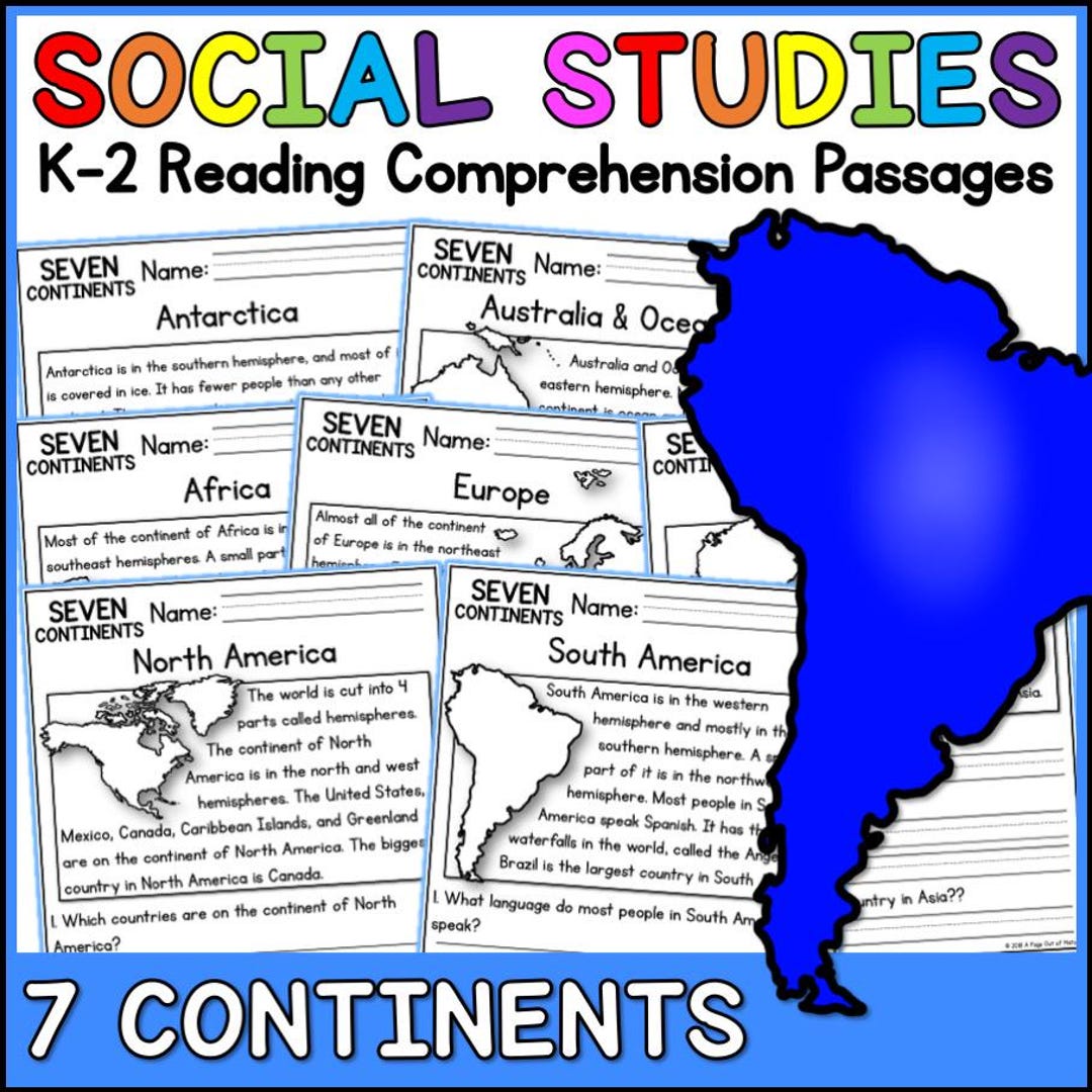 K-2 7 Continents Reading Comprehension Worksheets, Continental ...