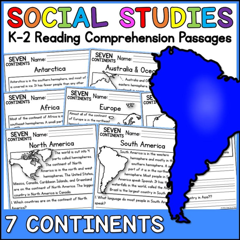 K-2 7 Continents Reading Comprehension Worksheets, Continental ...