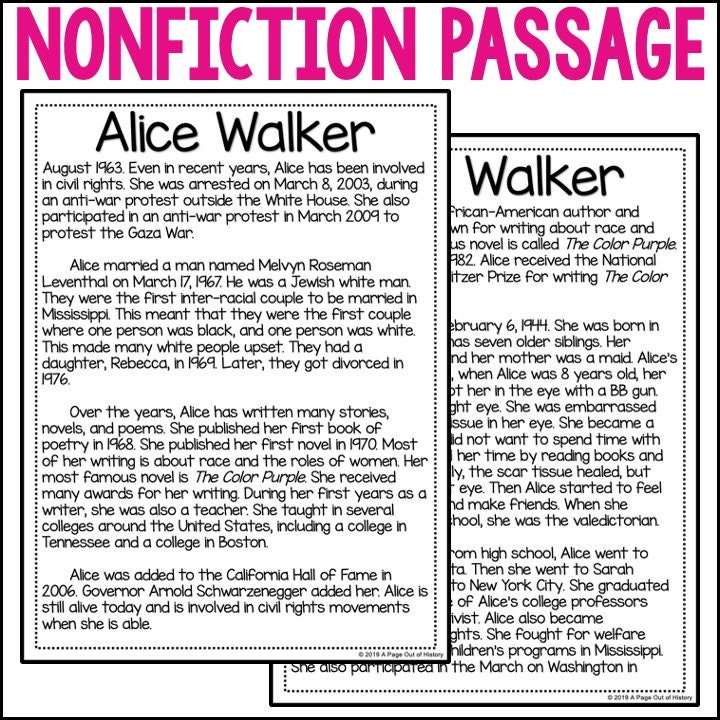 Biography of Alice Walker | Printable Reading & Writing Activities for ...