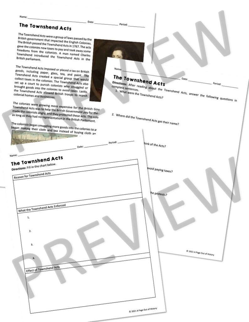 Townshend Acts Reading Worksheets and Answer Keys | 6-12 | Homeschool ...