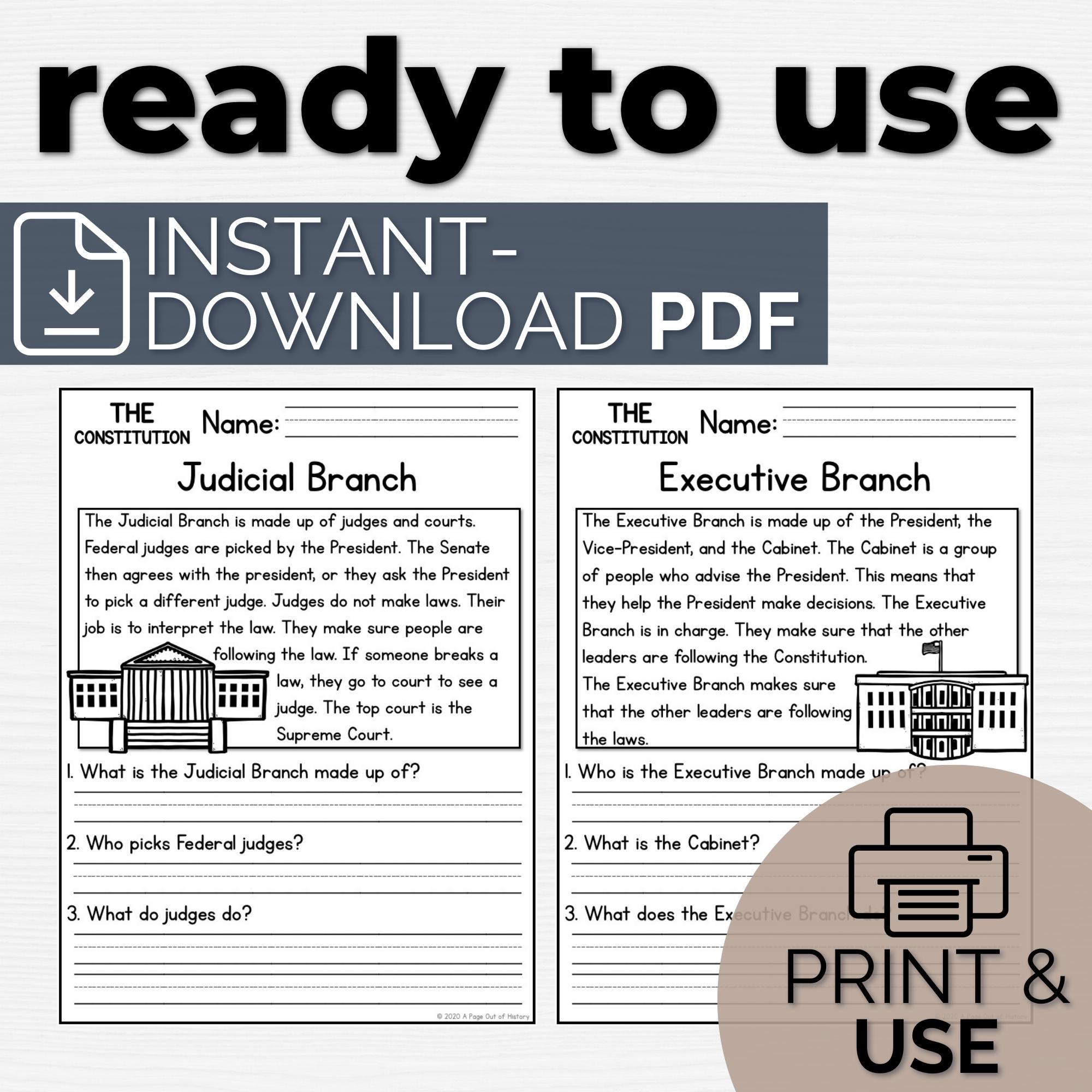 K-2 Reading Comprehension US Constitution Worksheet, Legislative Branch ...