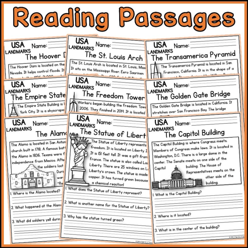 United States Landmarks Reading Comprehension Passages K-2 - Etsy