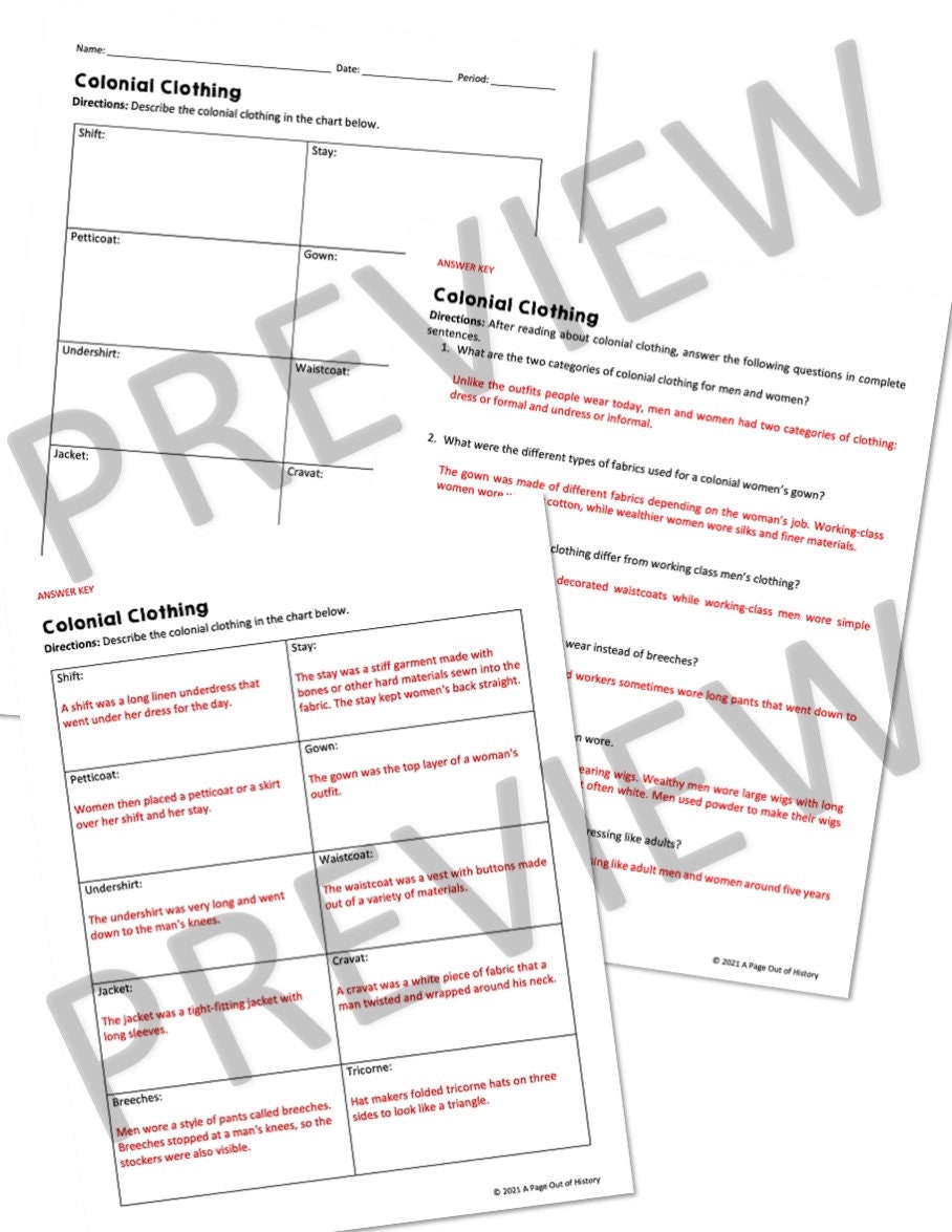Colonial Clothing Reading Worksheets and Answer Keys 6-12 Homeschool ...