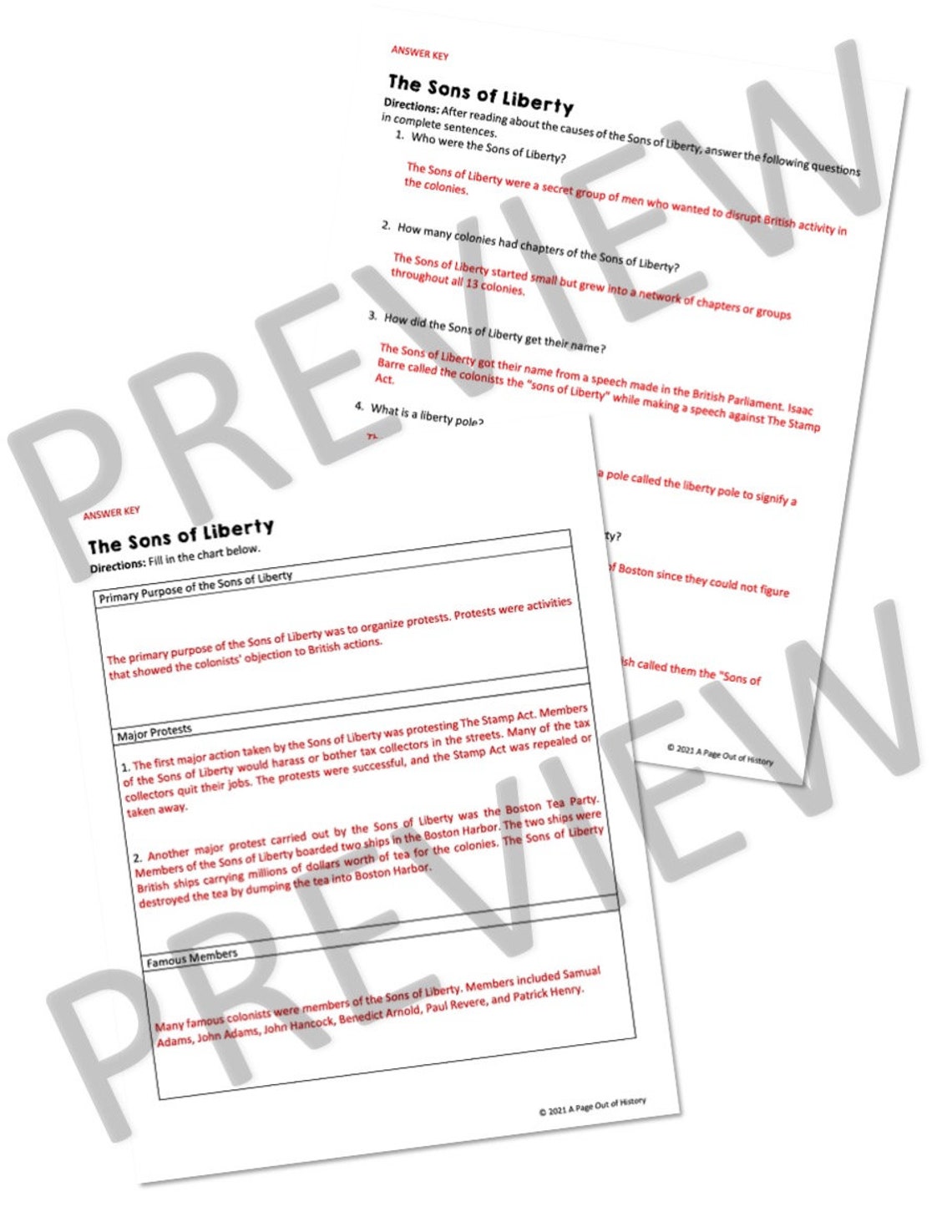 Sons of Liberty Reading Comprehension Worksheet, American History ...