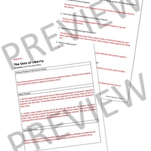 Sons of Liberty Reading Comprehension Worksheet, American History ...