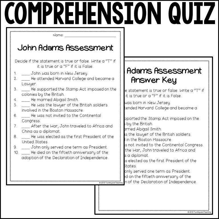Printable John Adams Biography Unit | No Prep Reading Comprehension ...
