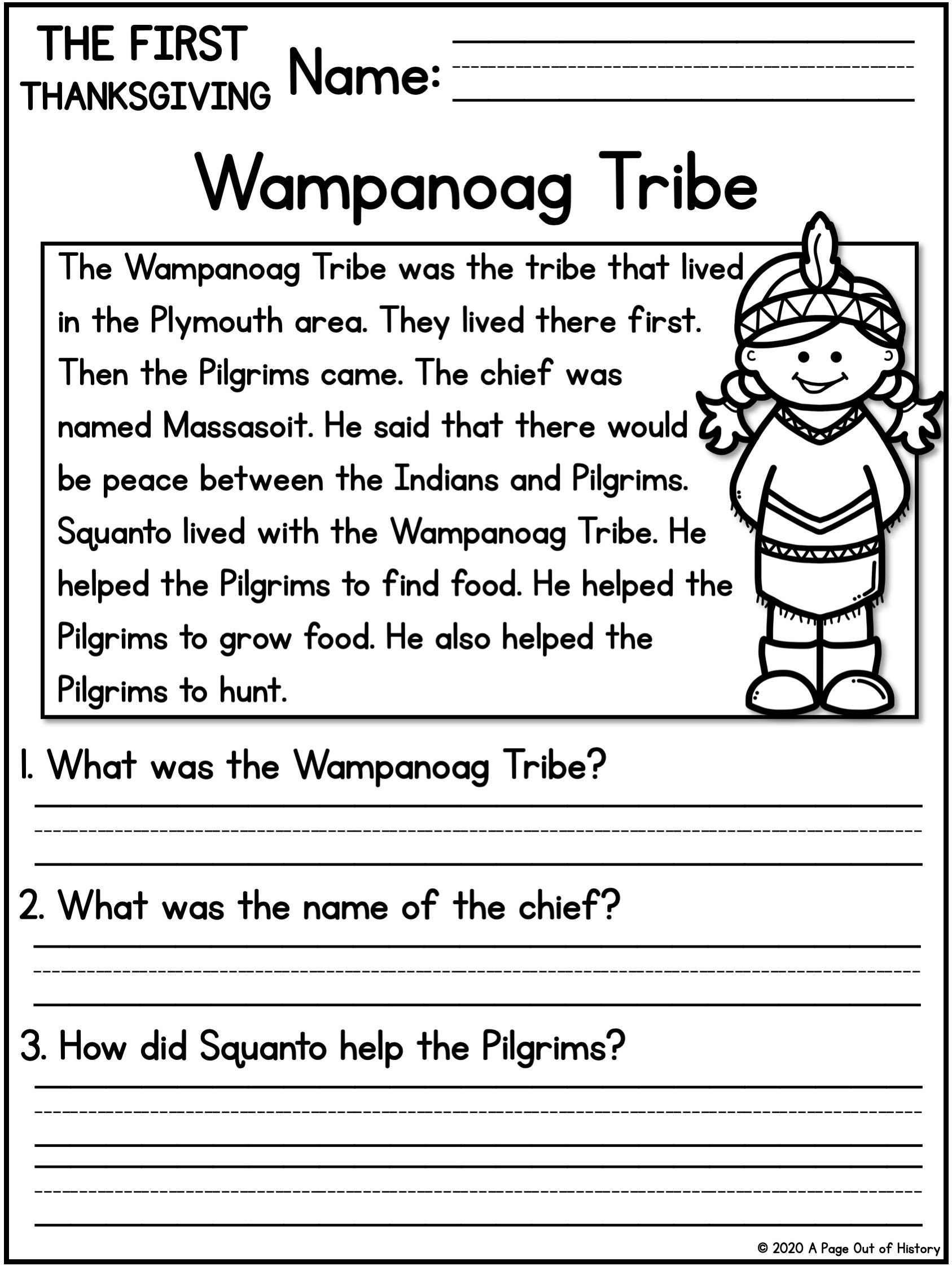 The First Thanksgiving Reading Comprehension Passages K 2 Homeschool