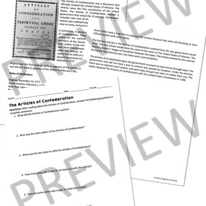 Articles of Confederation Reading Comprehension Worksheets, American ...