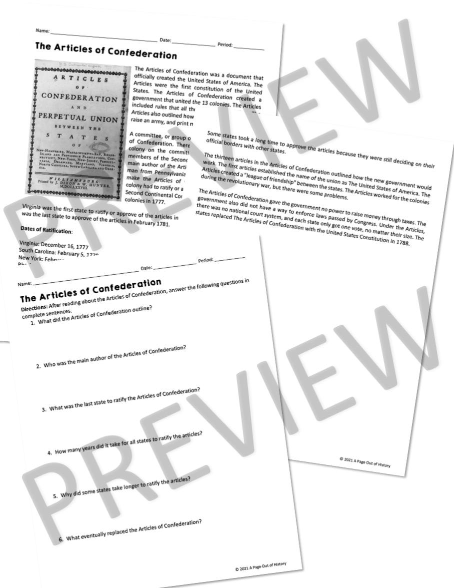 Articles of Confederation Reading Worksheets and Answer Keys | 6-12 ...