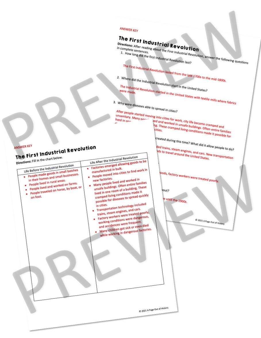 First Industrial Revolution Early America Reading Worksheets and Answer ...