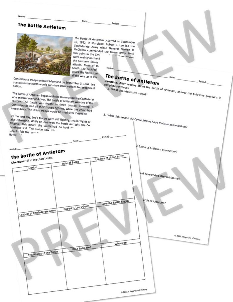 Battle of Antietam Civil War, Reading Comprehension Passages, US ...