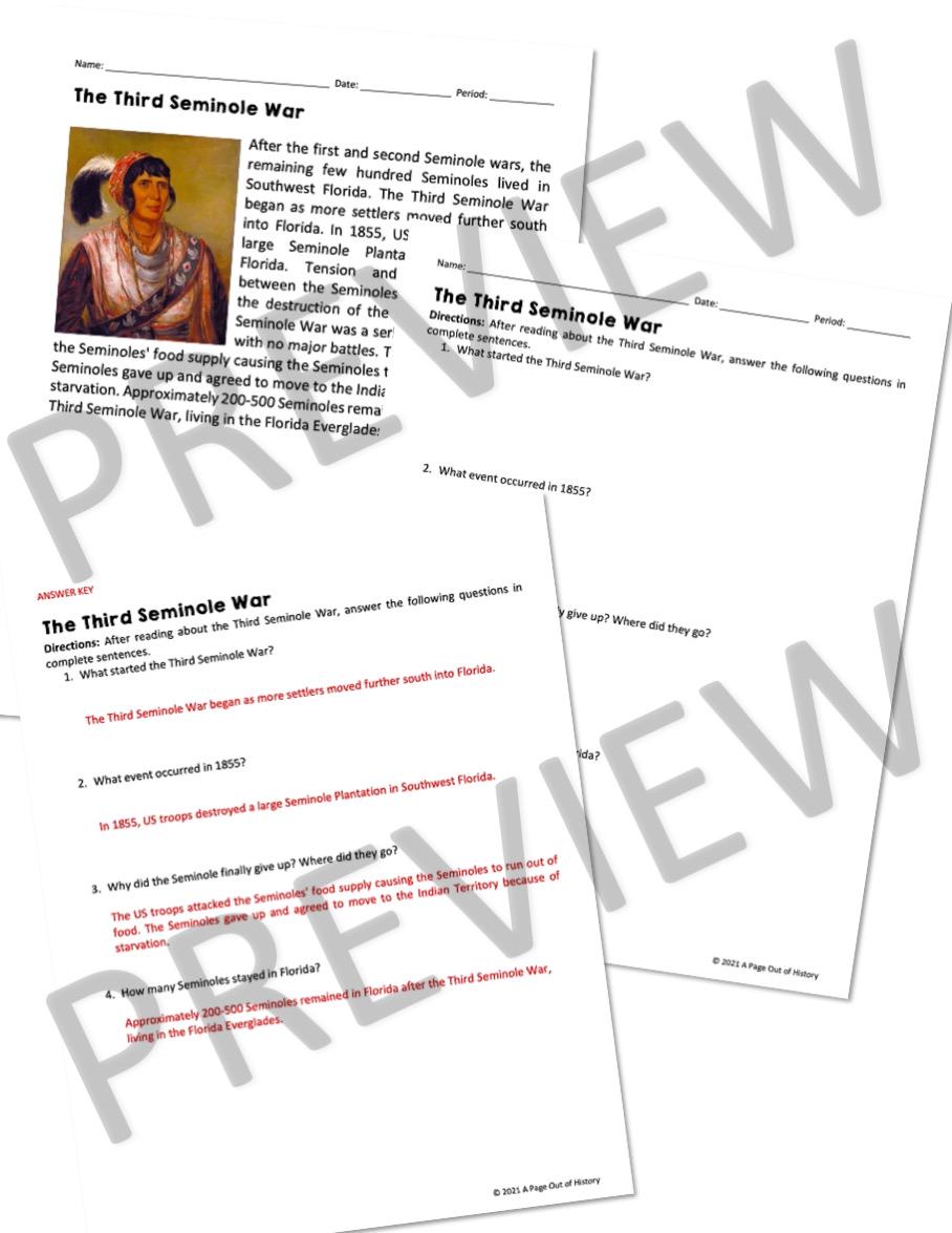 Third Seminole War Andrew Jackson Reading Worksheets and Answer Keys 6 ...