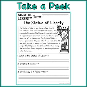 Statue of Liberty Reading Comprehension Passages | K-2 | Homeschool ...