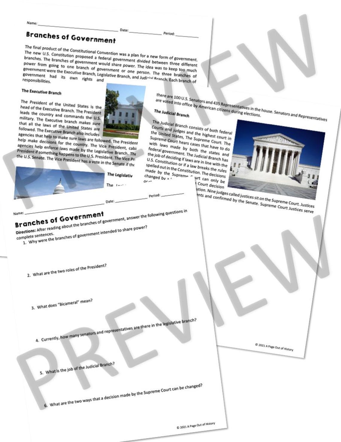 Branches of Government Reading Worksheets Answer Keys 6-12 Homeschool ...