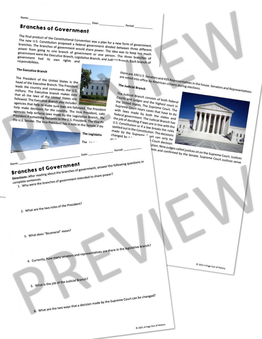 Branches of Government Reading Worksheets Answer Keys 6-12 Homeschool ...