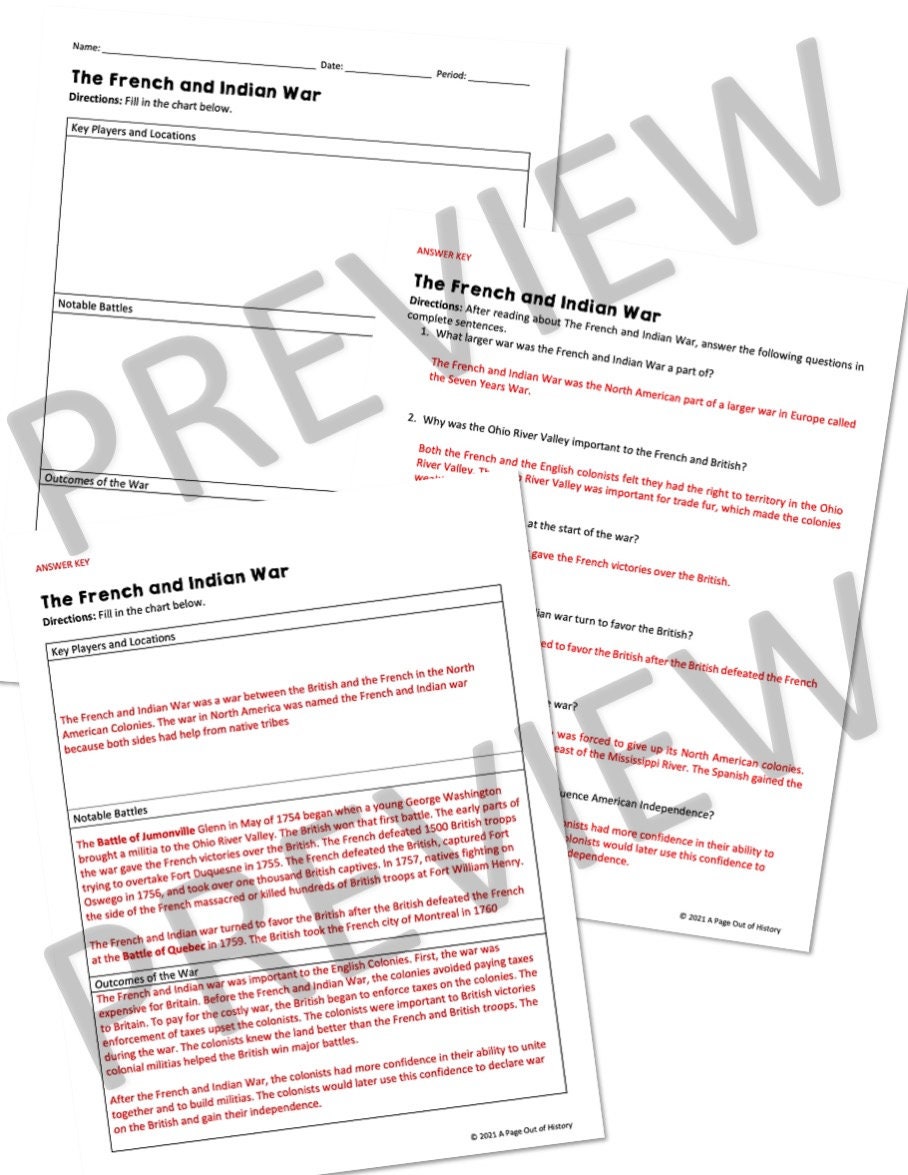 French and Indian War Reading Worksheets and Answer Keys | 6-12 ...
