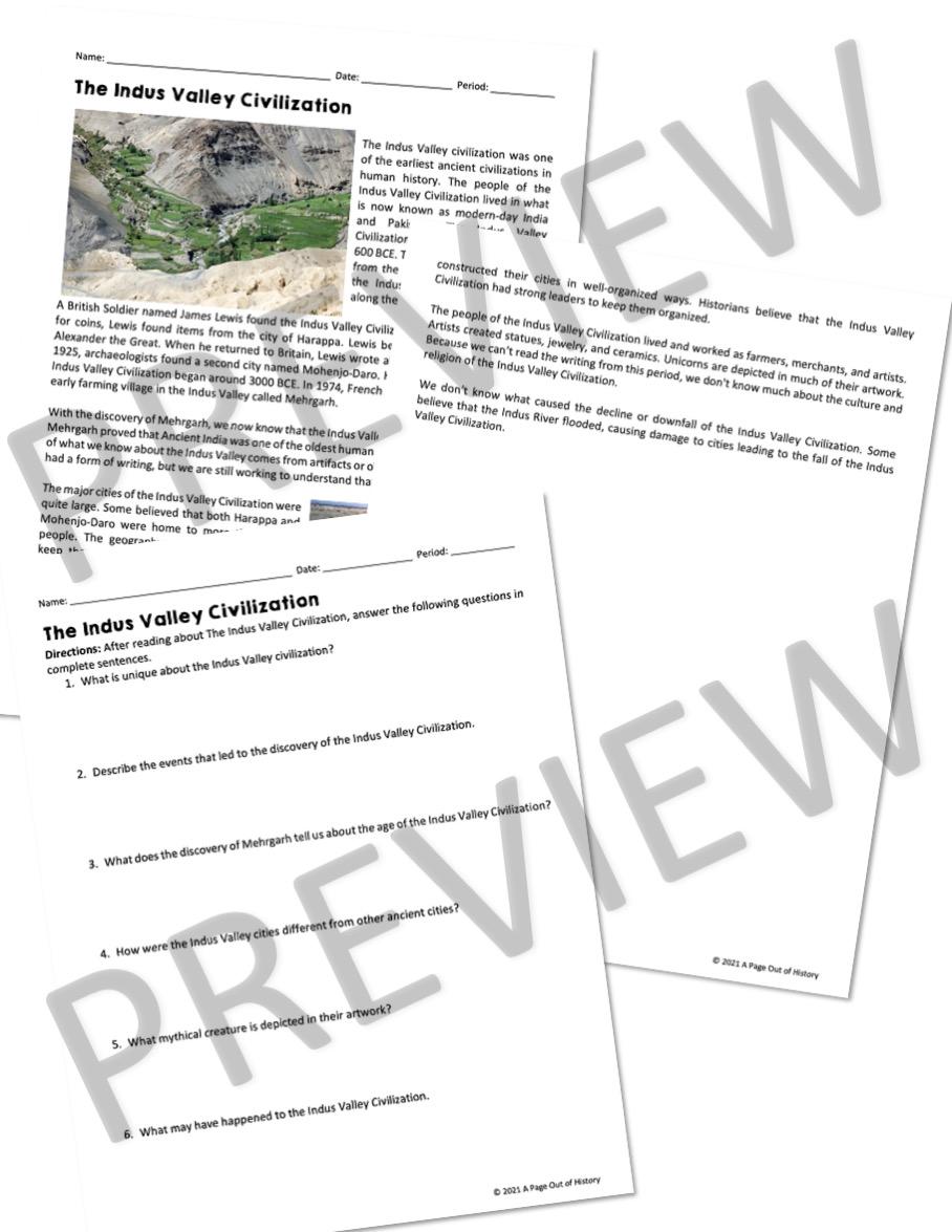 Indus Valley Civilization Ancient India Reading Worksheets and Answer ...