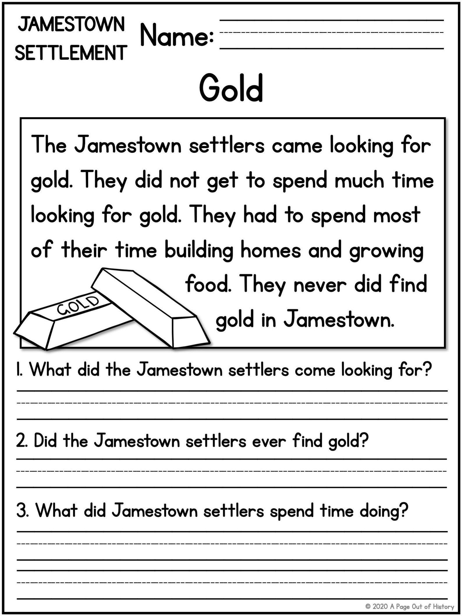 Jamestown Settlement Reading Comprehension Passages K-2 Homeschool ...