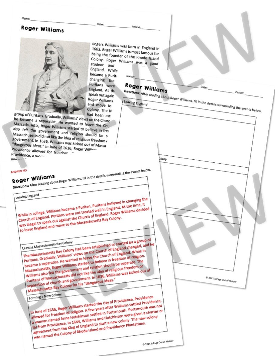 Roger Williams Reading Worksheets and Answer Keys | 6-12 | Homeschool ...