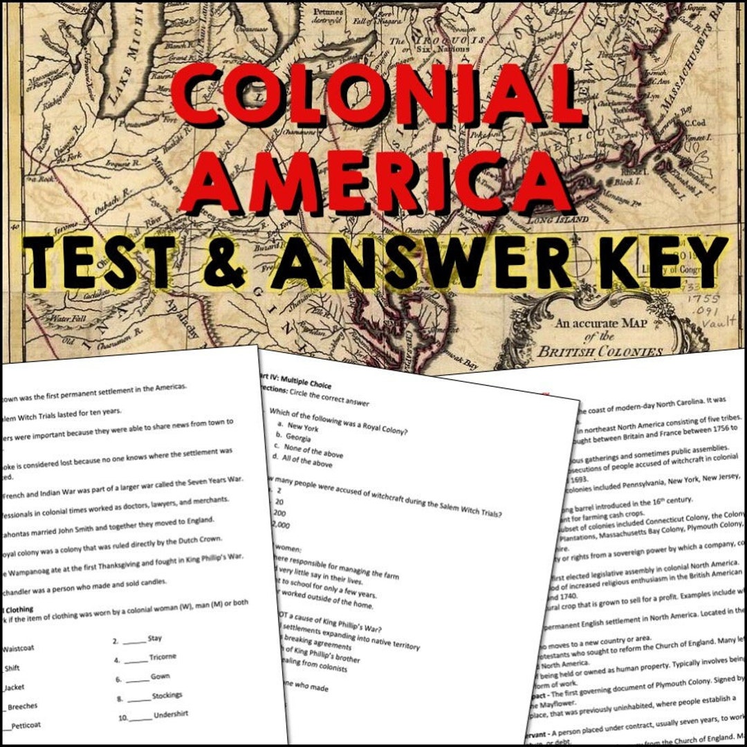 Colonial America Test and Answer Key, American History Printable Pages ...