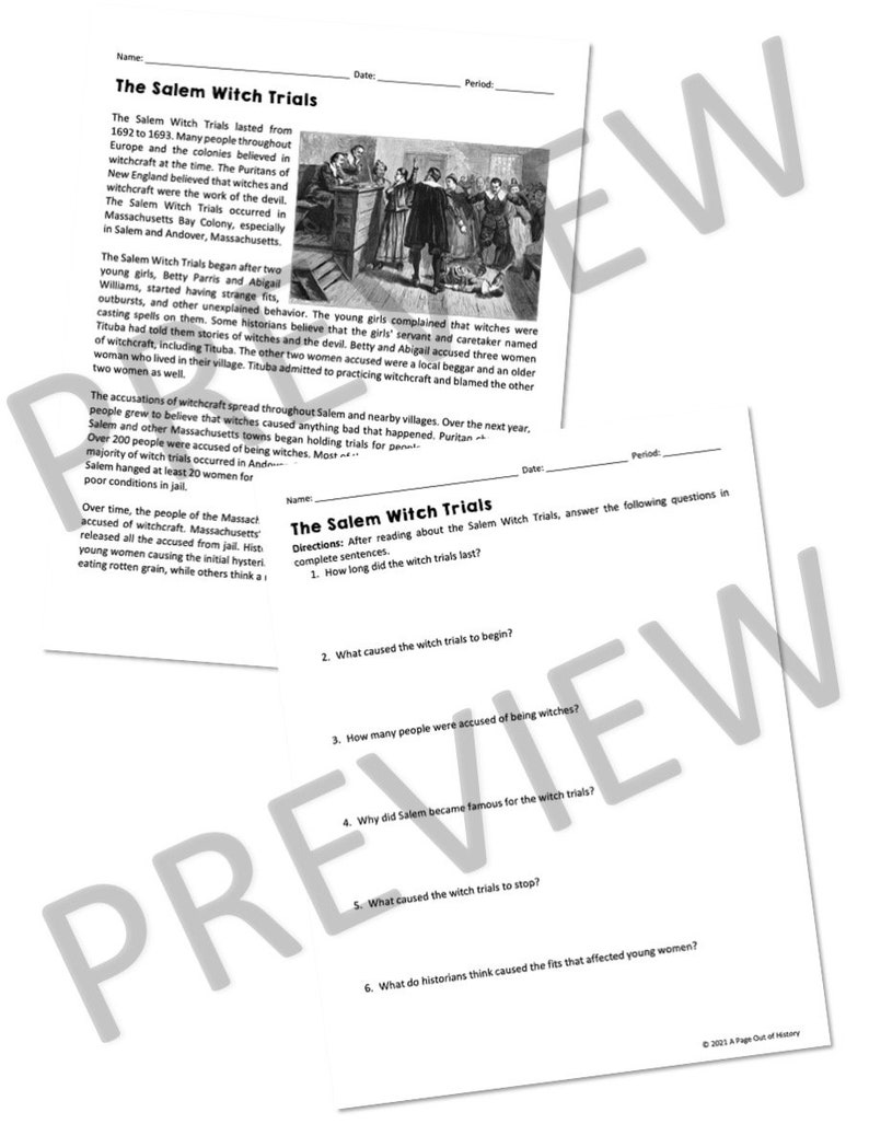 Salem Witch Trials Reading Worksheets and Answer Keys | 6-12 ...
