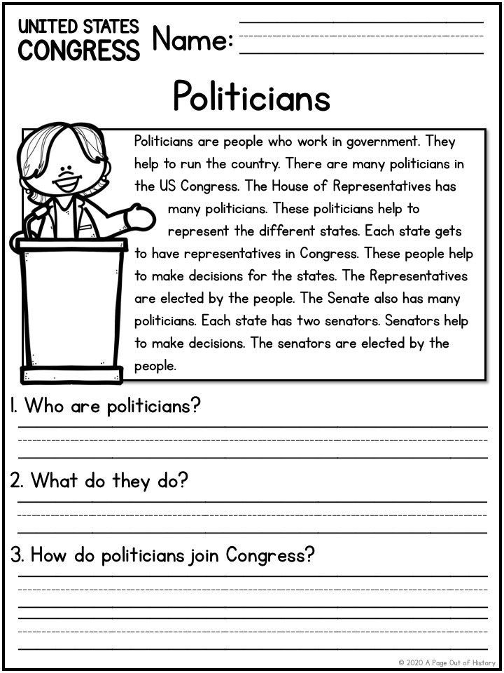 US Congress Reading Comprehension Passages K-2 Homeschool | Etsy