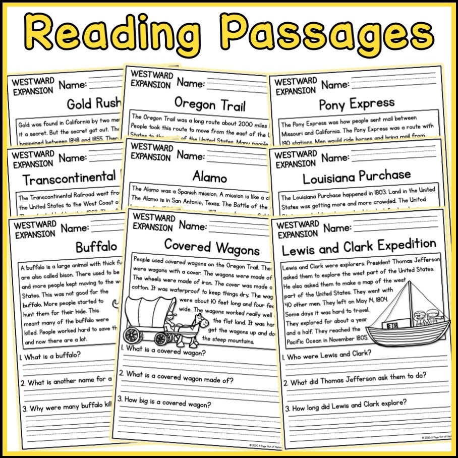 Westward Expansion Reading Comprehension Passages K-2 Homeschool Social ...