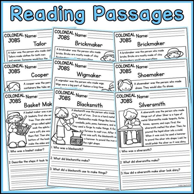 Colonial Jobs Reading Comprehension Passages | K-2 | Homeschool ...