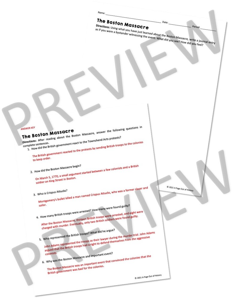 Boston Massacre Reading Worksheets and Answer Keys | 6-12 | Homeschool ...