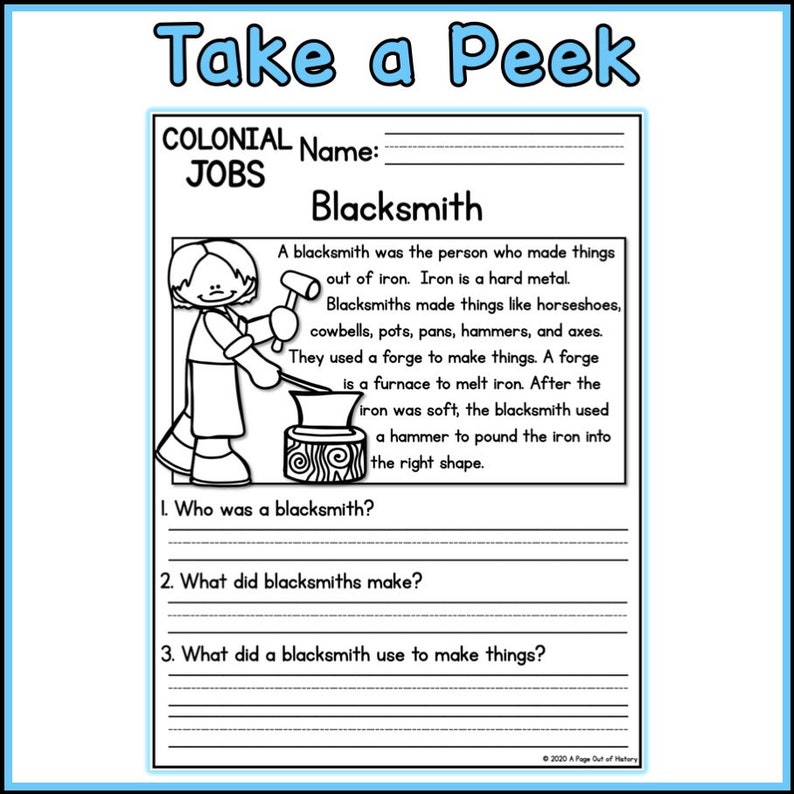 Colonial Jobs Reading Comprehension Passages | K-2 | Homeschool ...