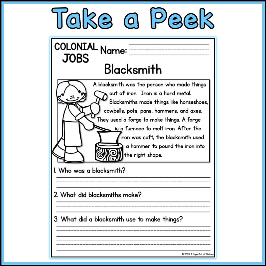 Colonial Jobs Reading Comprehension Passages | K-2 | Homeschool ...