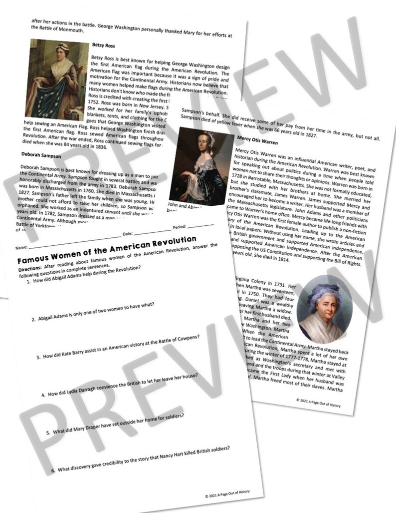 Famous Women During the American Revolution Reading Worksheets and ...