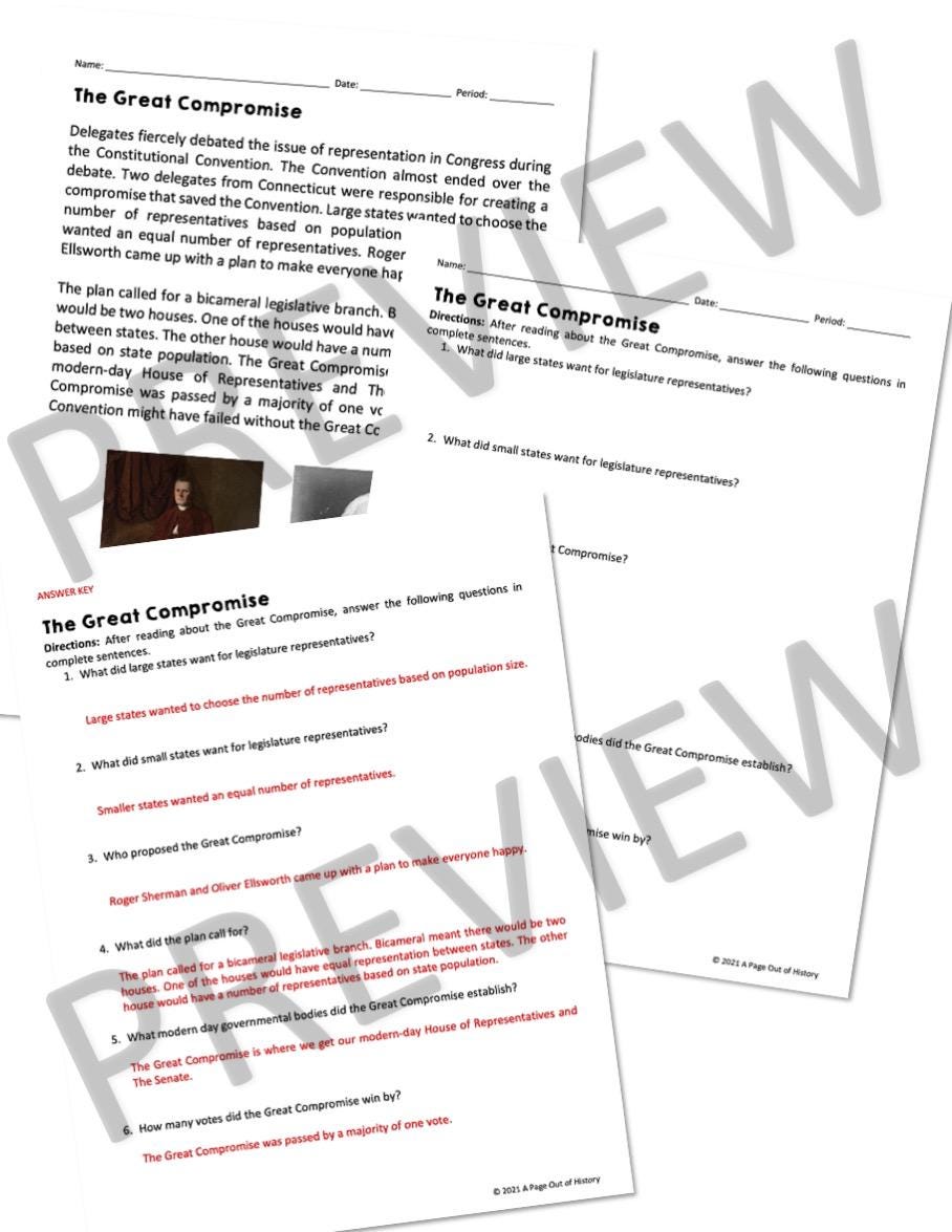 The Great Compromise US Constitution Reading Worksheets Answer Keys | 6 ...