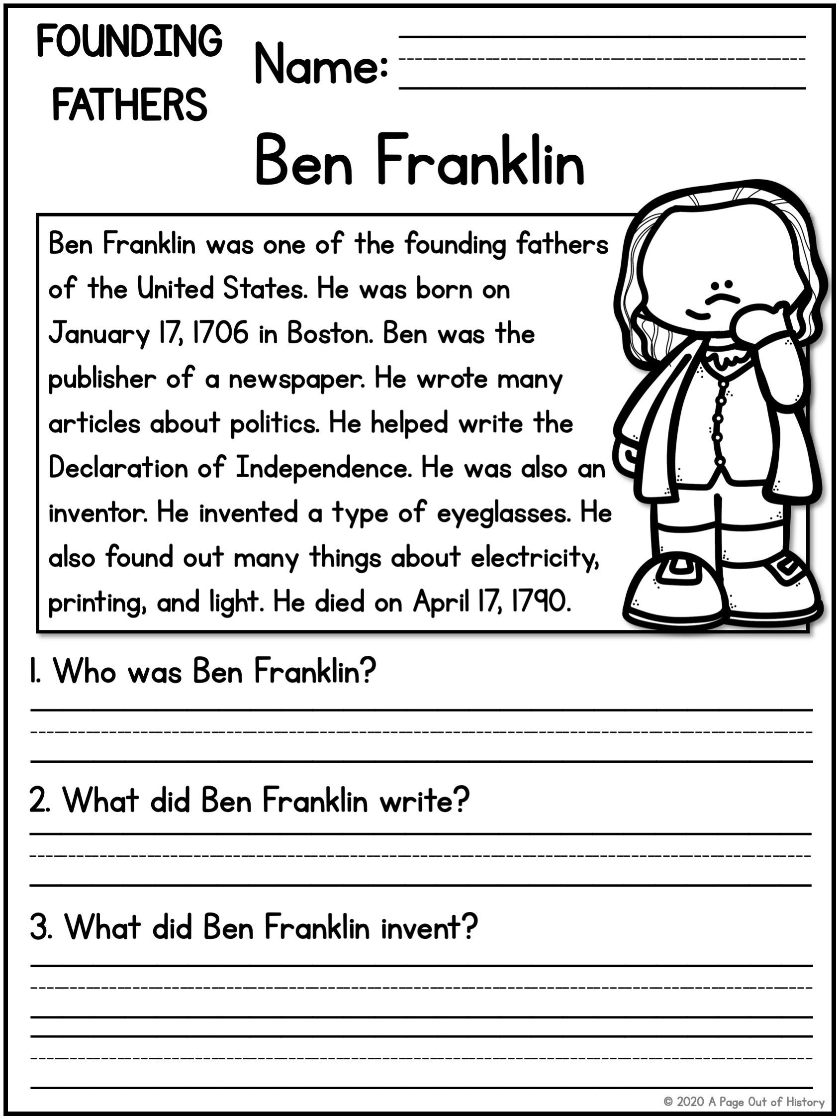 Founding Fathers Reading Comprehension Passages K-2 Homeschool | Etsy