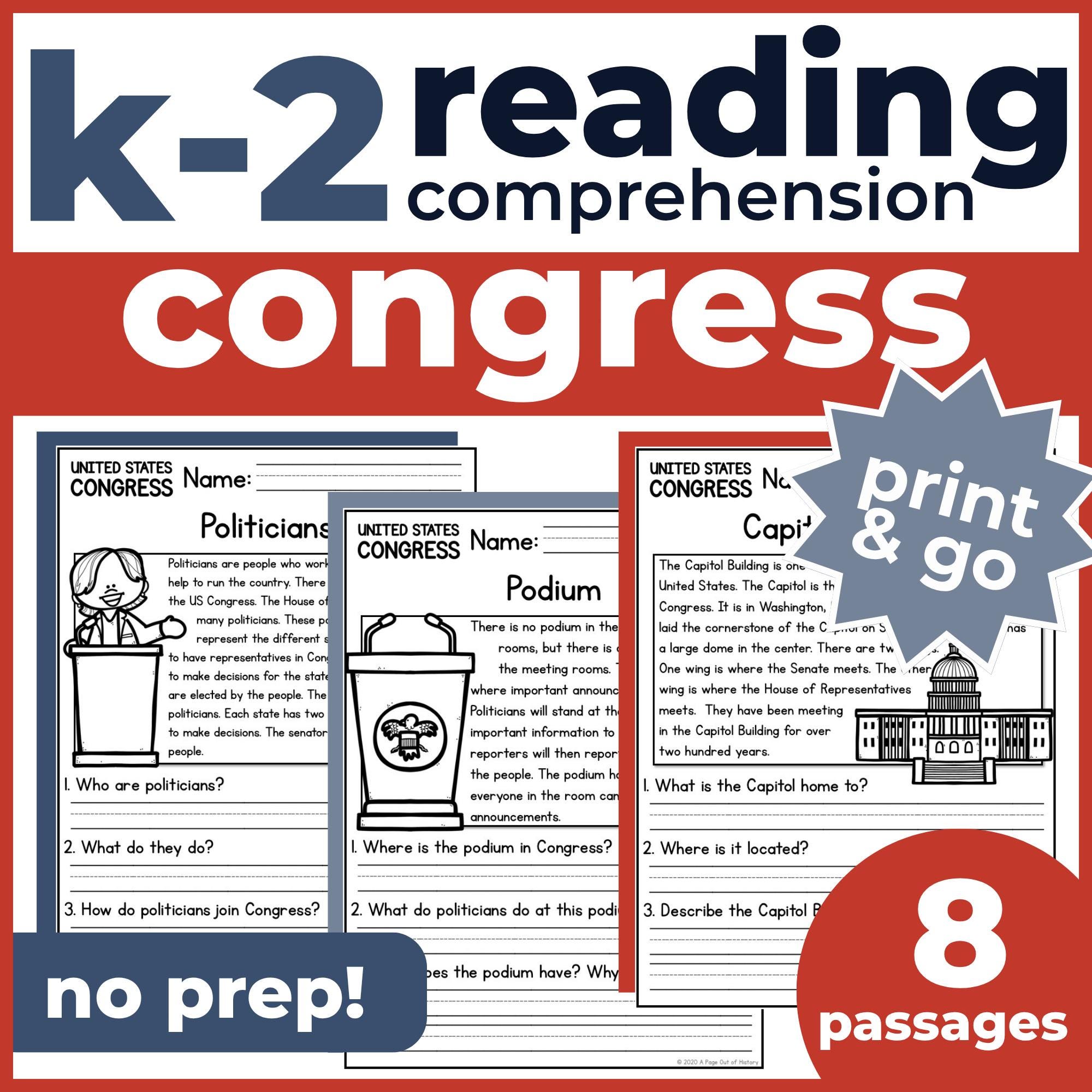 K-2 Reading Comprehension Passages, US Congress Worksheets and Answer ...