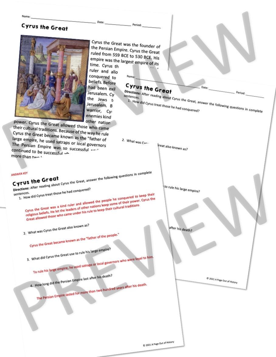 Cyrus the Great, Ancient Mesopotamia Reading Worksheets & Answer Keys ...