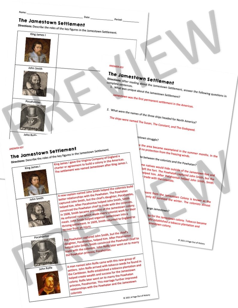 Jamestown Settlement Reading Worksheets and Answer Keys | 6-12 ...
