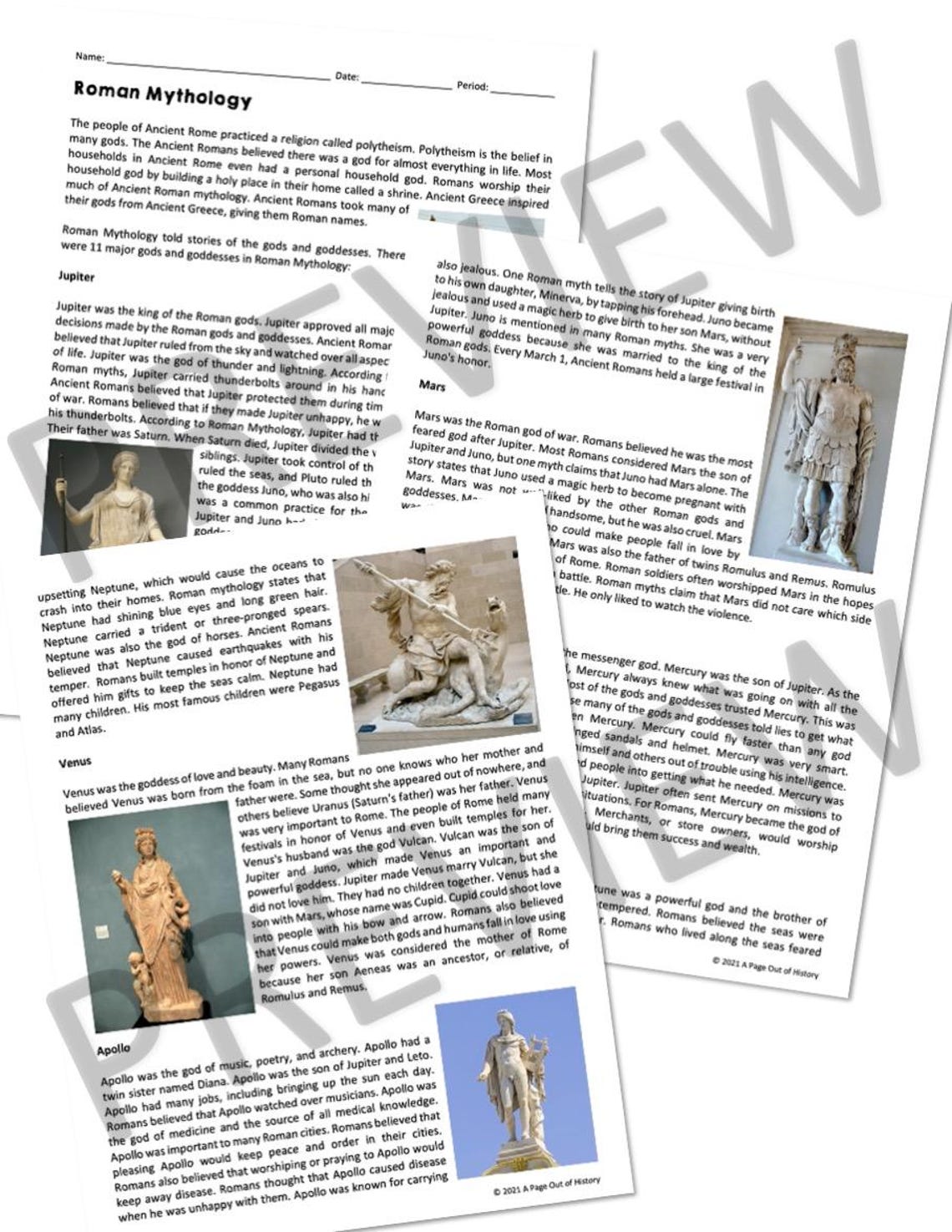 Ancient Roman Mythology Reading Passages, Questions With Answer Keys ...