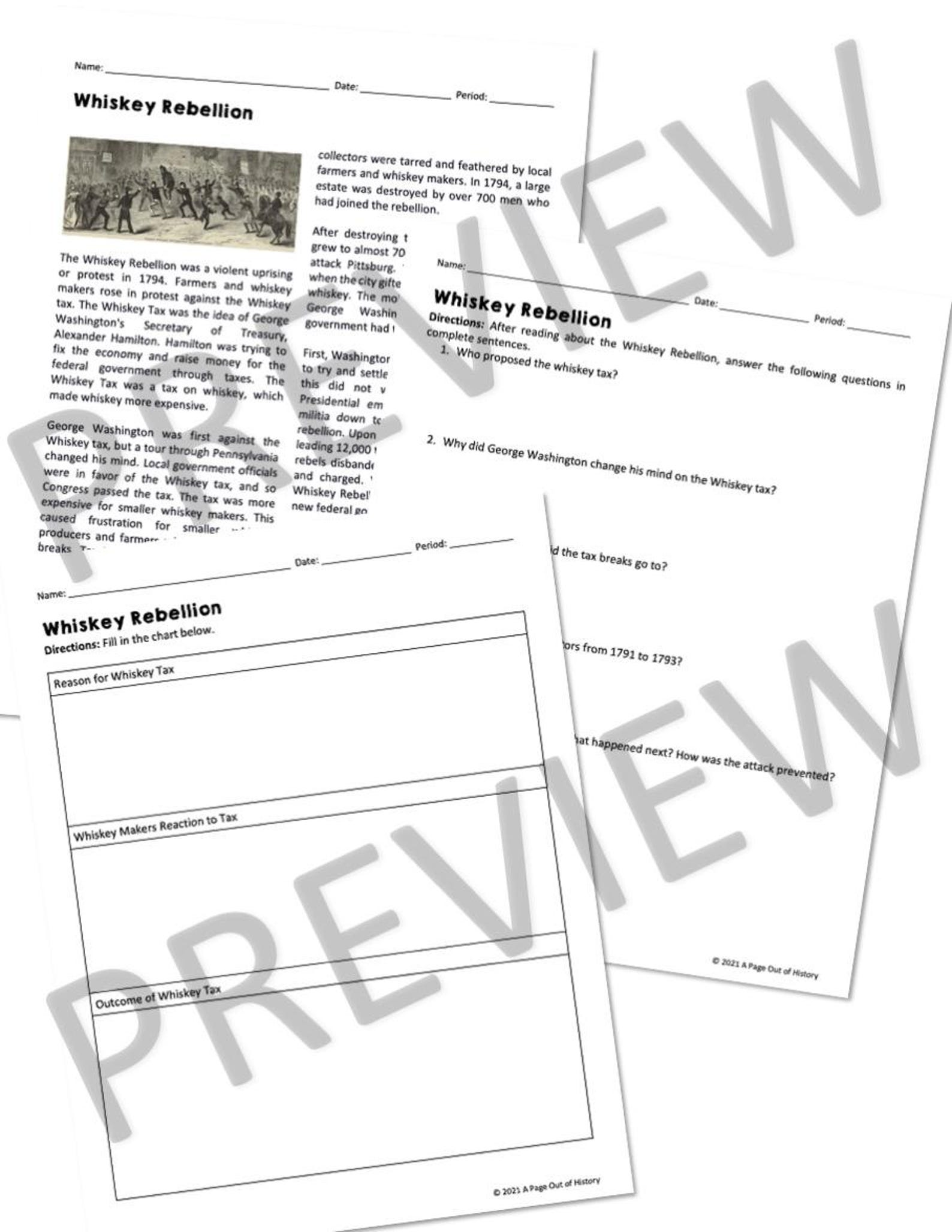 Whiskey Rebellion Early American Republic Reading Worksheets and Answer ...