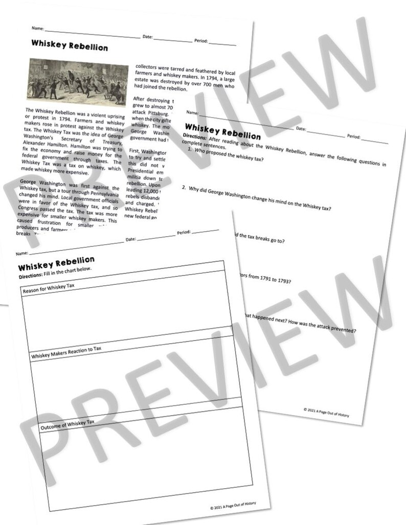 Whiskey Rebellion Early American Republic Reading Worksheets and Answer ...