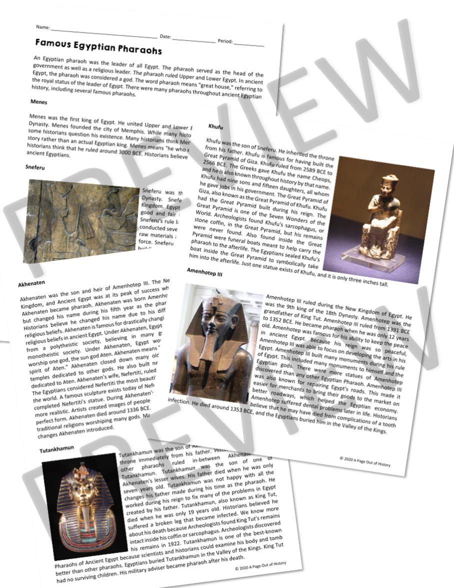 Famous Ancient Egyptian Pharaohs Reading Worksheets, Ancient ...