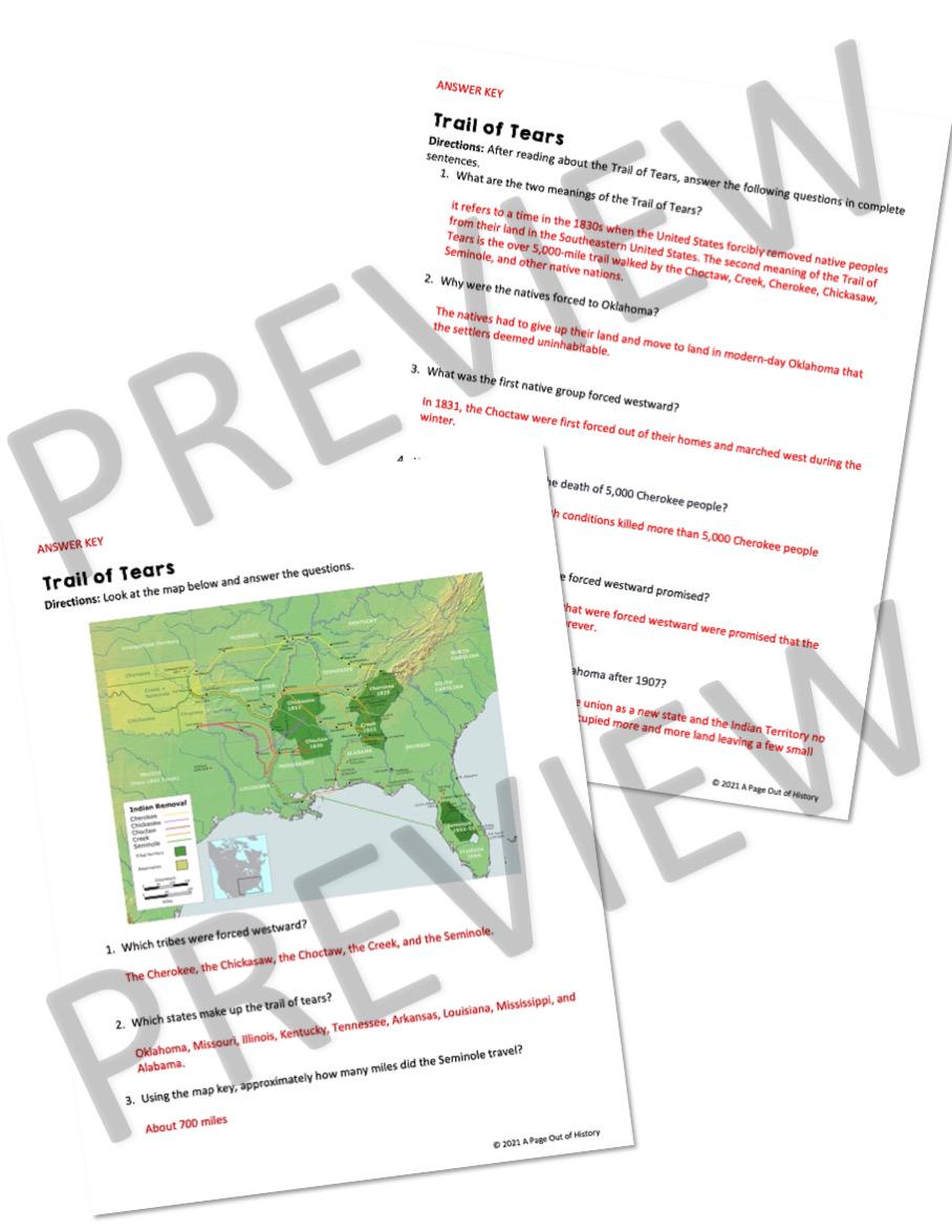 Trail of Tears Age of Jackson Reading Worksheets and Answer Keys 6-12 ...