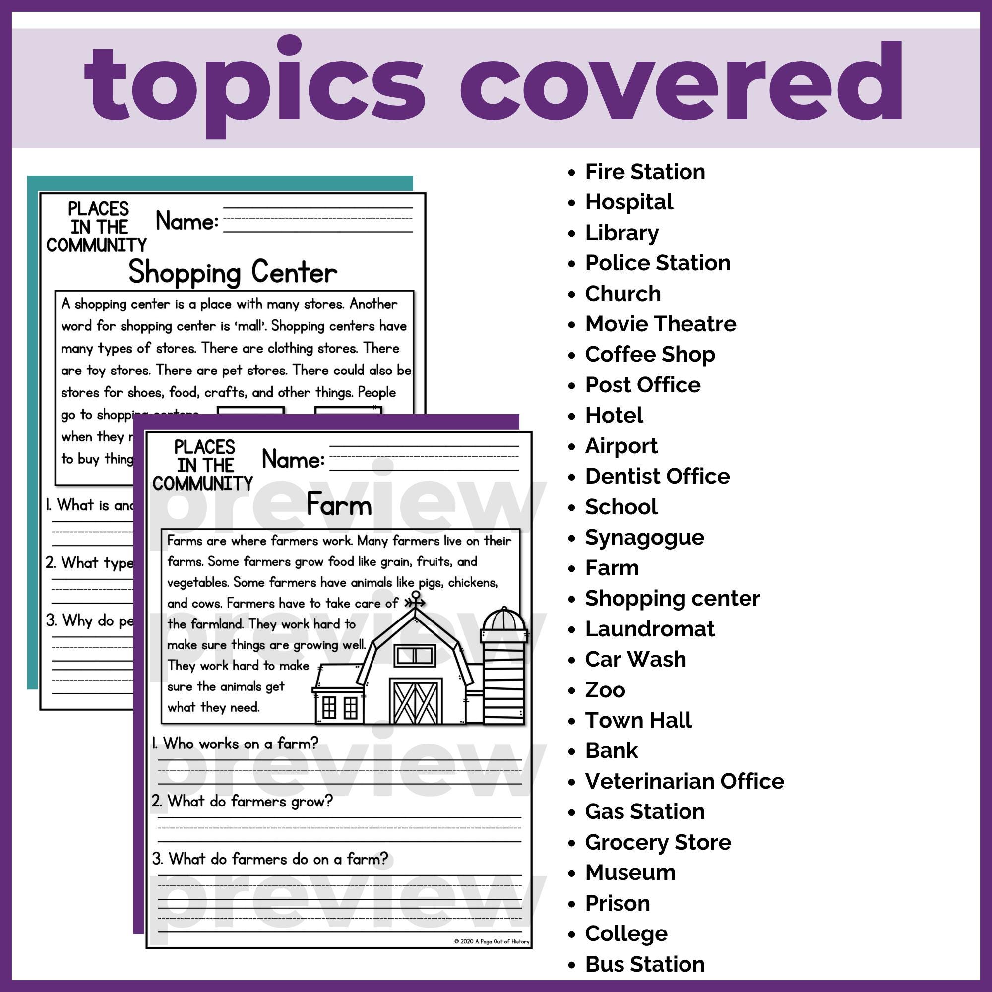 K-2 Reading Comprehension Worksheets, Places in the Community Passages ...