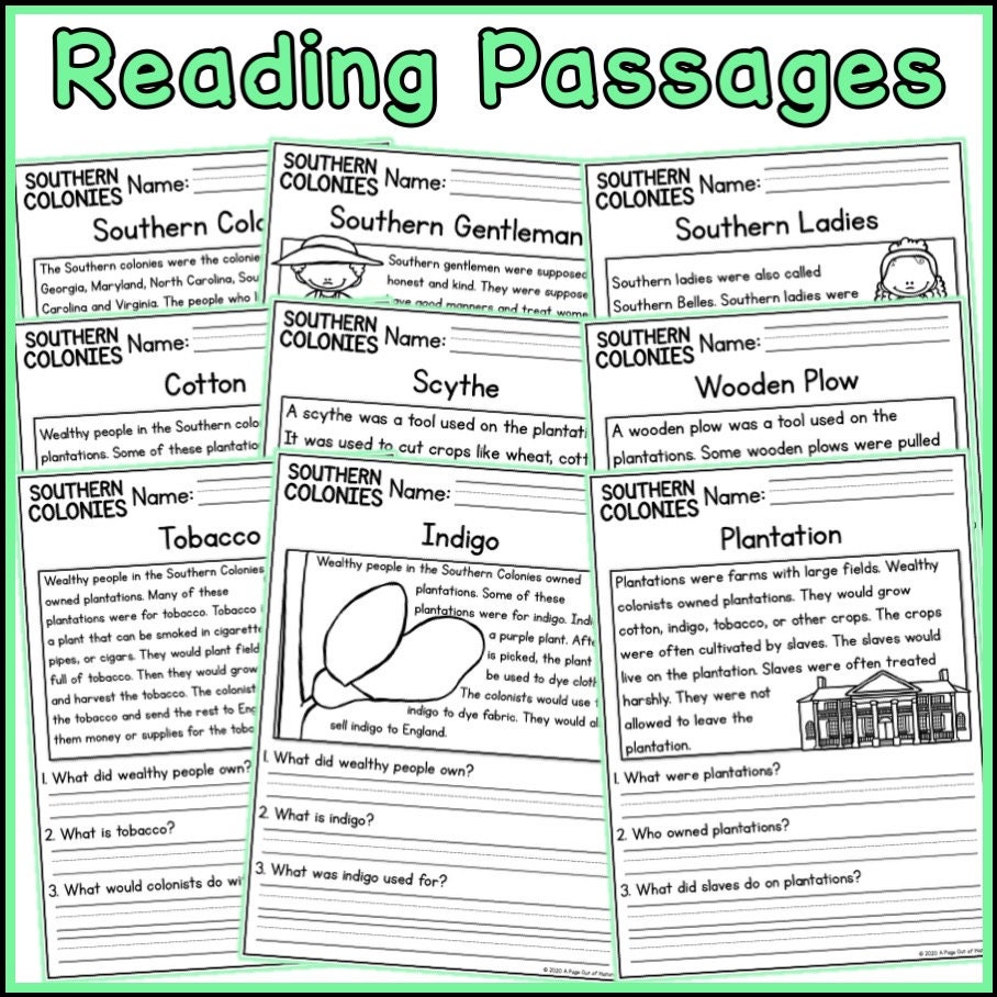 Southern Colonies Reading Comprehension Passages | K-2 | Homeschool ...