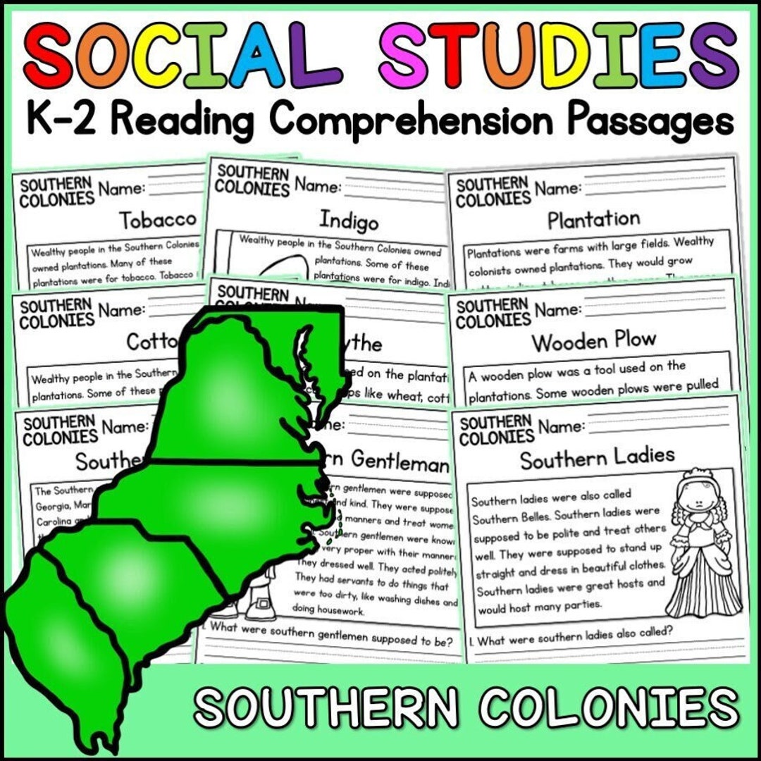 K-2 Reading Practice Worksheets, Southern Colonies Passages, Southern ...