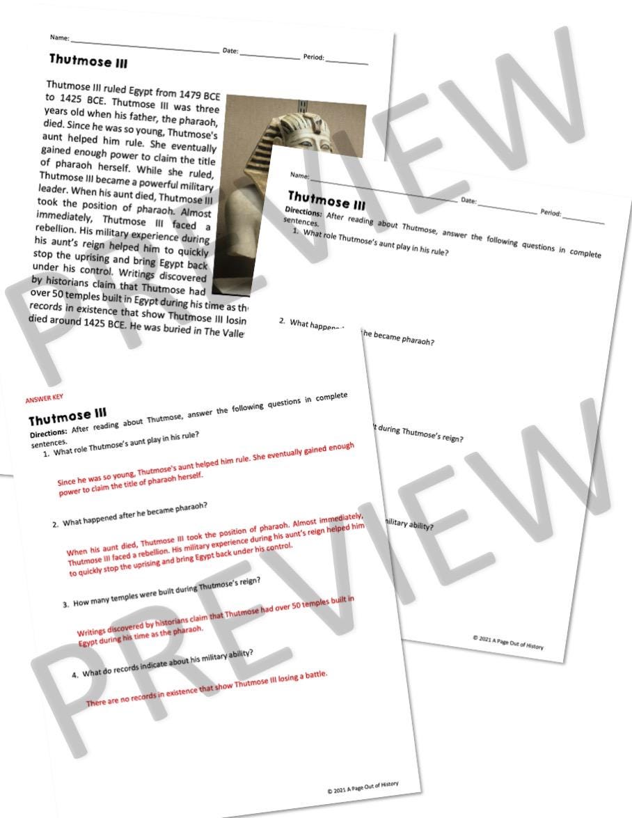 Thutmose III Pharaoh Ancient Egypt Reading Worksheets and Answer Keys ...