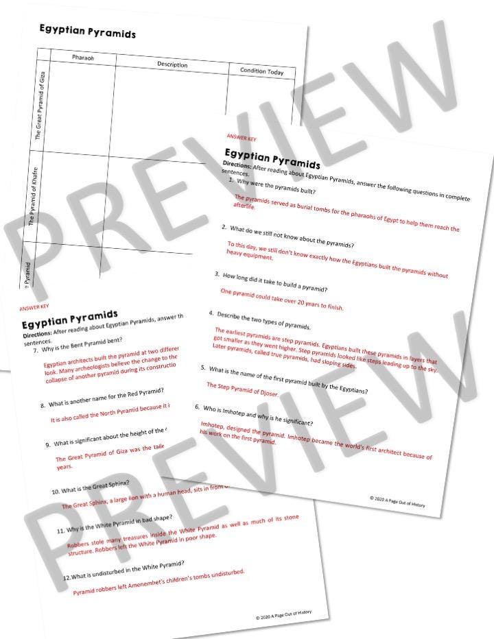 Ancient Egyptian Pyramids Reading Worksheets and Answer Keys - Etsy